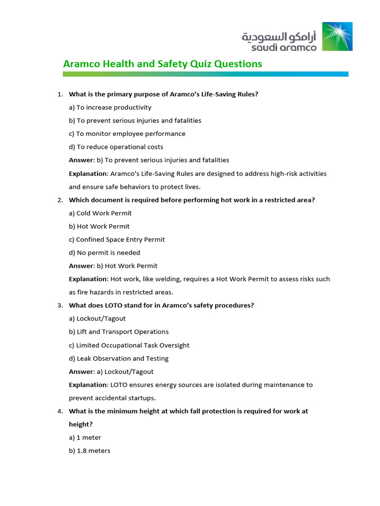 Aramco Health and Safety Quiz | PDF | Personal Protective Equipment ...