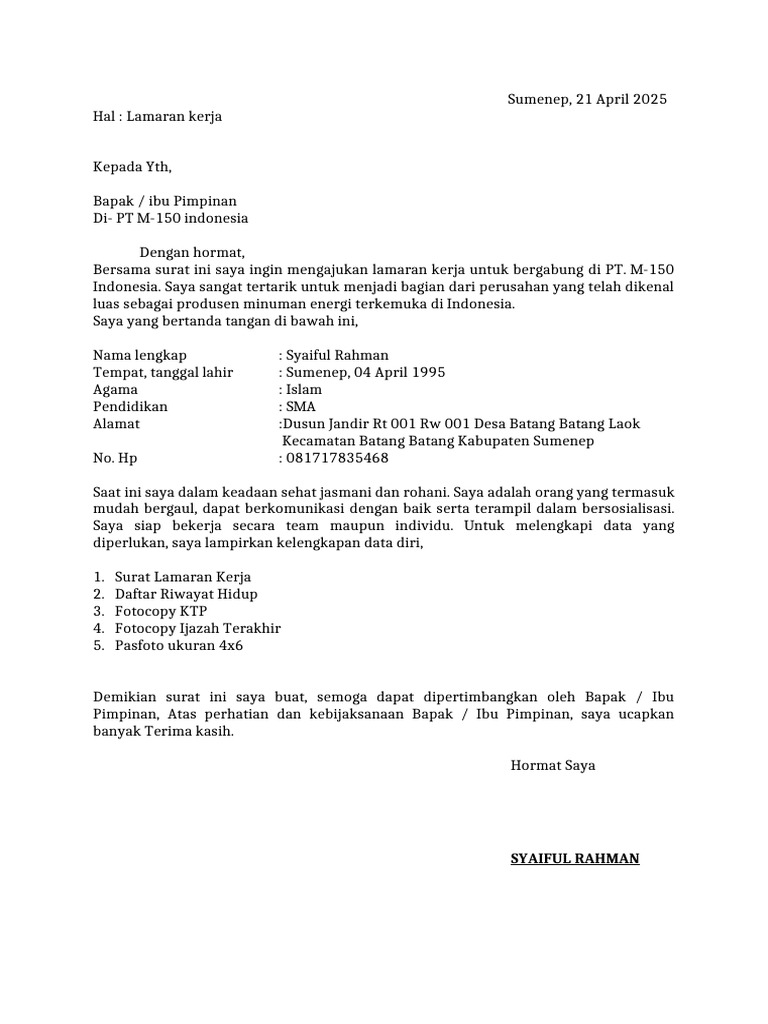 Surat Lamaran Kerja Terbaru SYAIFUL RAHMAN | PDF
