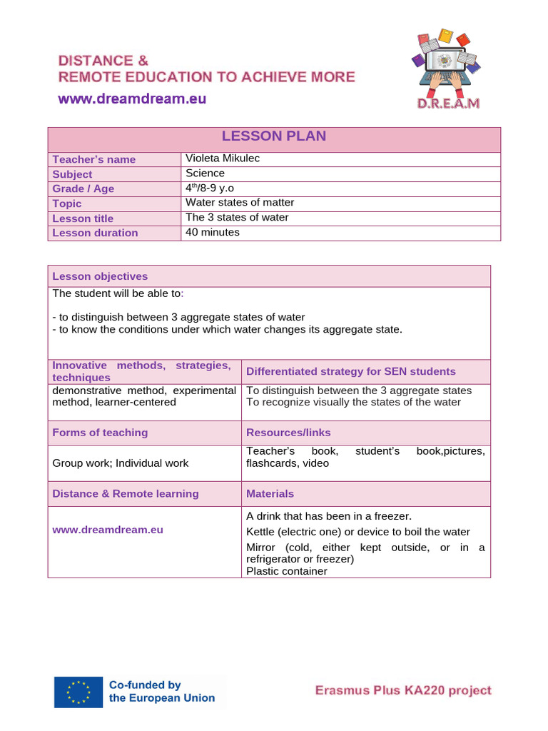 Lesson Plan D.R.E.A.M - Science-The 3 States of Water For 8-9 (Mikulec ...