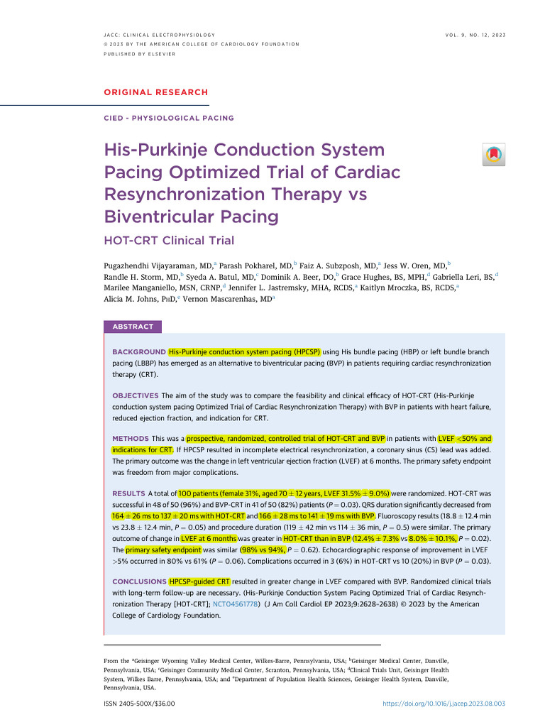 2023 His-Purkinje Conduction System Pacing Optimized Trial of Cardiac ...