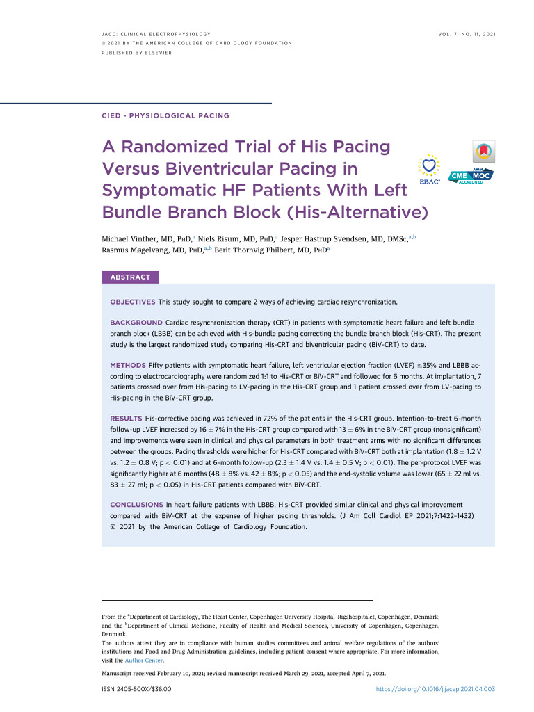 2021 A Randomized Trial of His Pacing Versus Biventricular Pacing in ...
