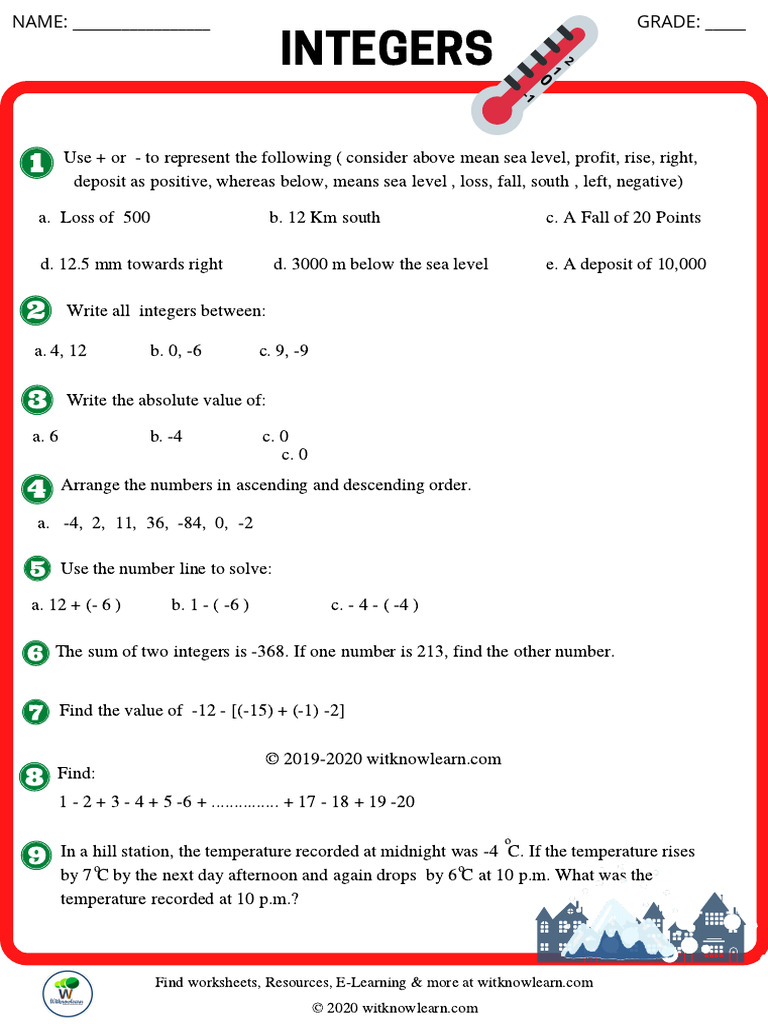 Class 6 Integer Worksheet with Answers | PDF
