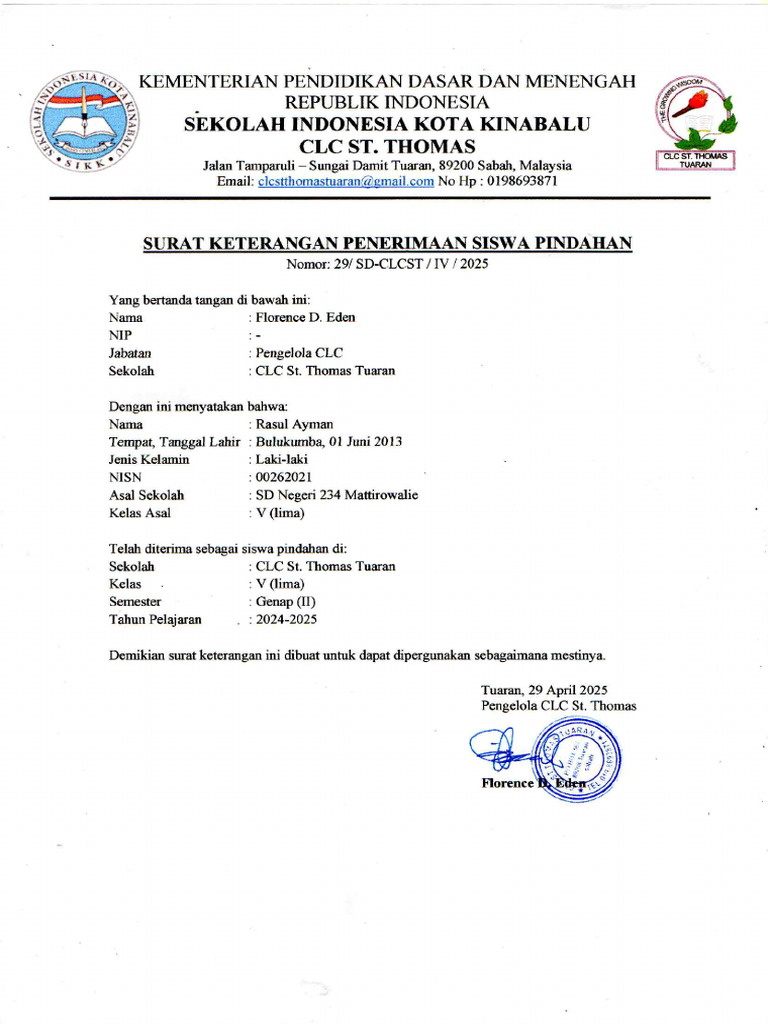 Surat Keterangan Menerima Siswa Pindahan - Rasul Ayman 29042025 | PDF