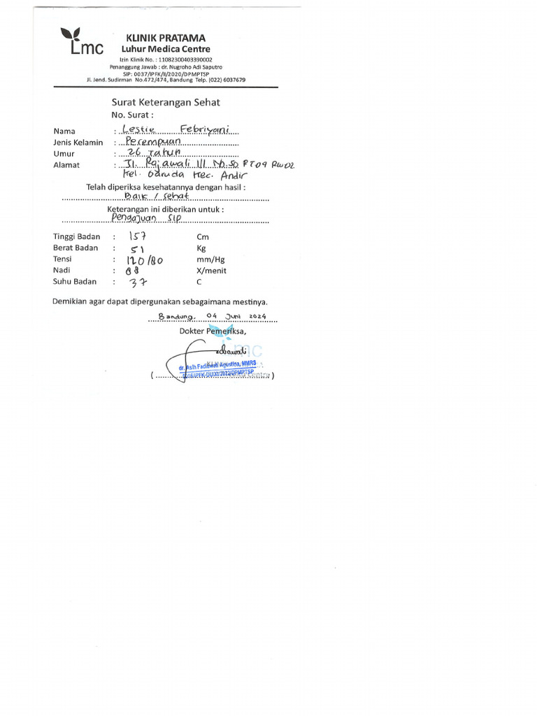 Surat Keterangan Sehat Dr. Lestie Febriyani | PDF
