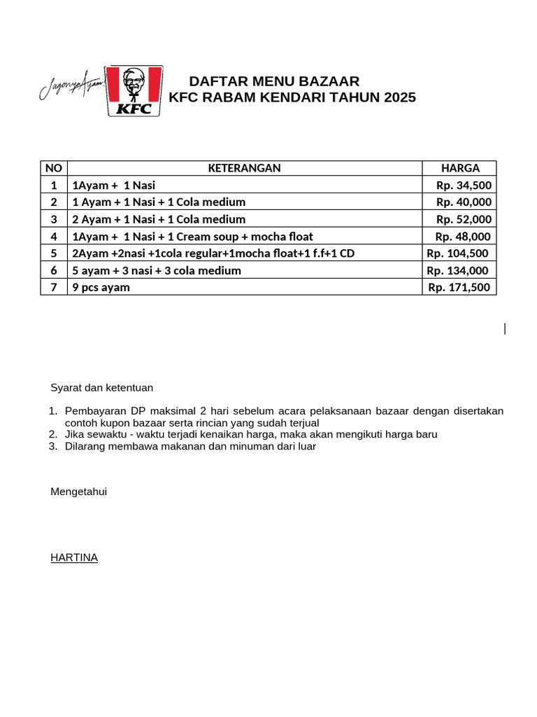 Menu Bazaar KFC Kendari 2025 | PDF