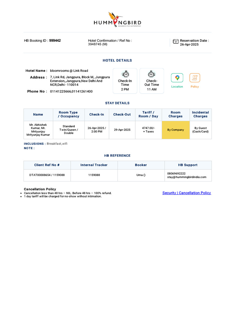 Booking Confirmation 999442 | PDF