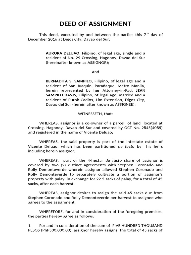 Sampilo Deed of Assignment | PDF | Assignment (Law) | Law Of Obligations