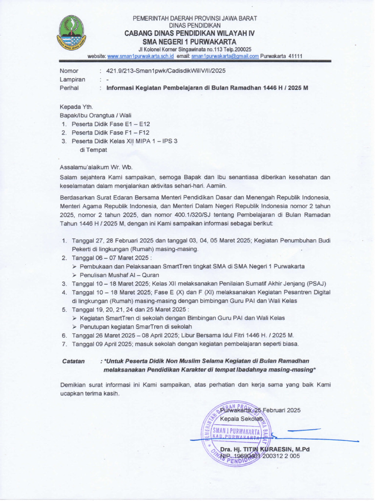 Informasi Kegiatan Pembelajaran Di Bulan Ramadhan 1446 H | PDF