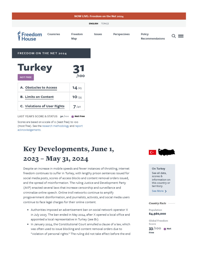 Turkey - Freedom On The Net 2024 Country Report - Freedom House | PDF