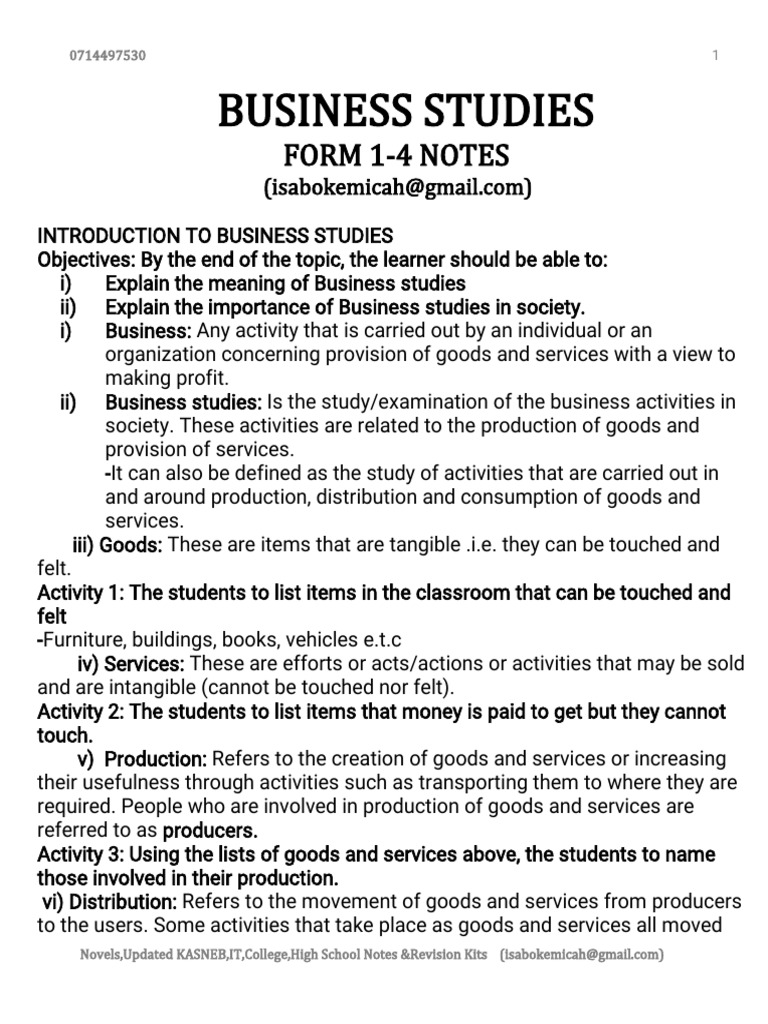 Business Studies Notes for Forms 1-4 | PDF
