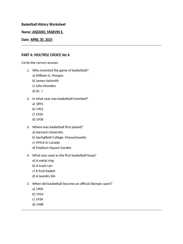 Basketball History Worksheet ACT 2 1 | PDF | Athletic Sports | Sports