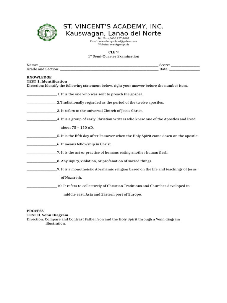 CLE 9 1st Semi Exam 2024-2025 | PDF | God The Father | Jesus