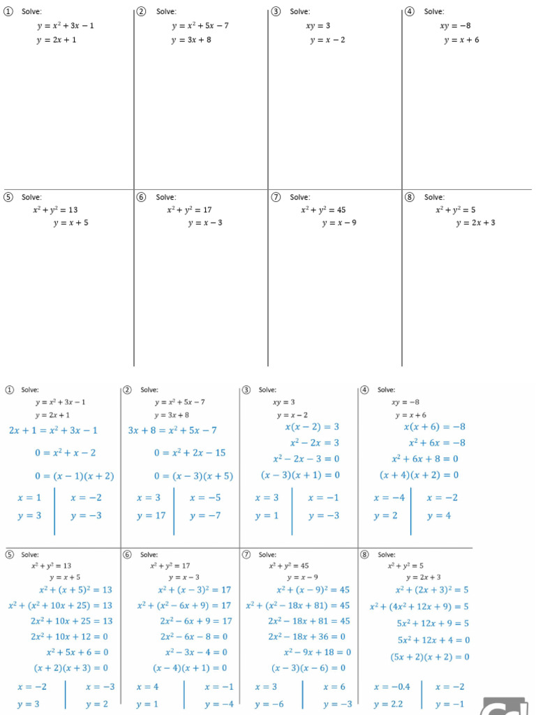 Simultaneous Equations Linear Non Linear Algebraically Worksheet A A4 | PDF