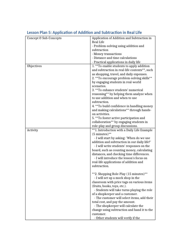 Real-Life Addition and Subtraction Lesson | PDF | Lesson Plan | Learning