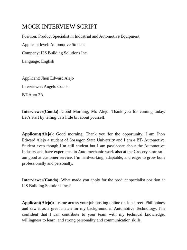 Alejo-2A-MOCK INTERVIEW SCRIPT | PDF
