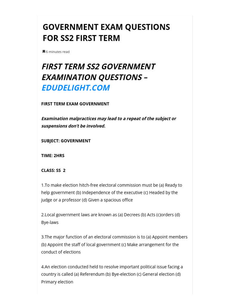 Government Exam Questions For SS2 First Term | PDF | Elections | Suffrage