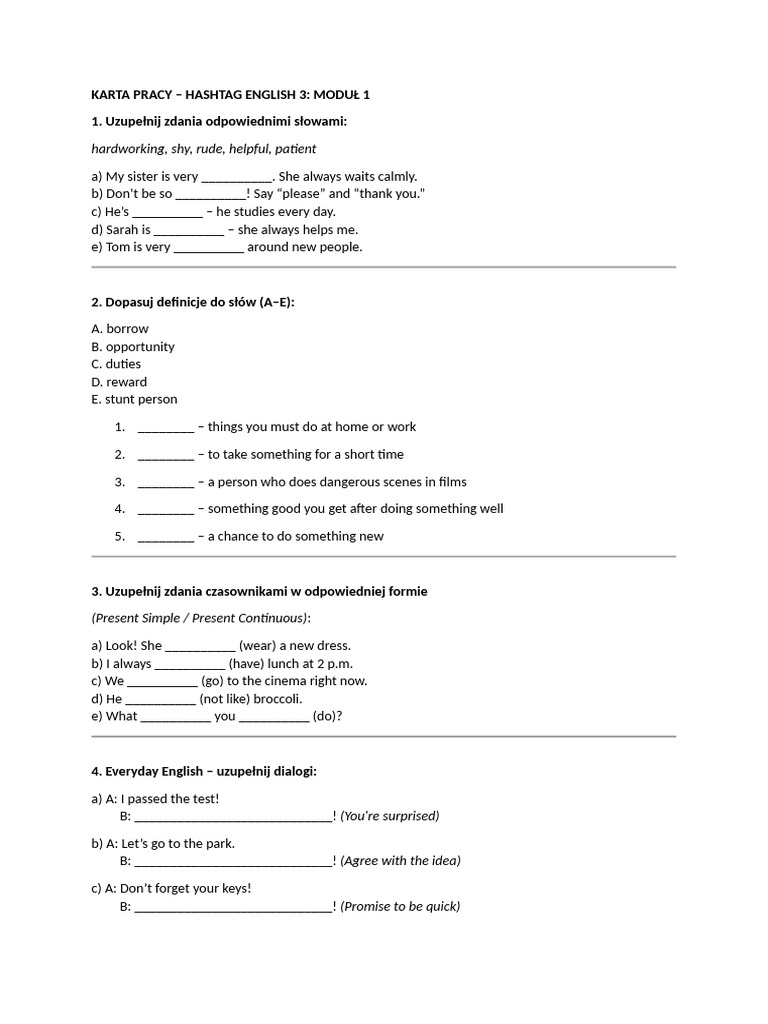 KARTA PRACY Hashatg English 3 Module 1 Revision | PDF
