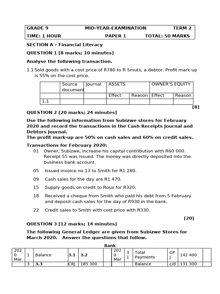 GR 9 Term 2 Mid-Year Examination P1 | PDF | Debits And Credits | Credit