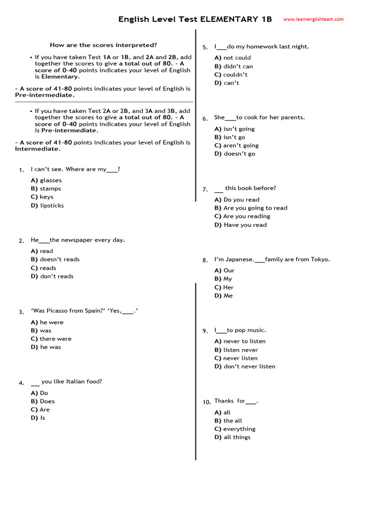2 - English Level Test Elementary b1 - Learnenglishteam - Com | PDF