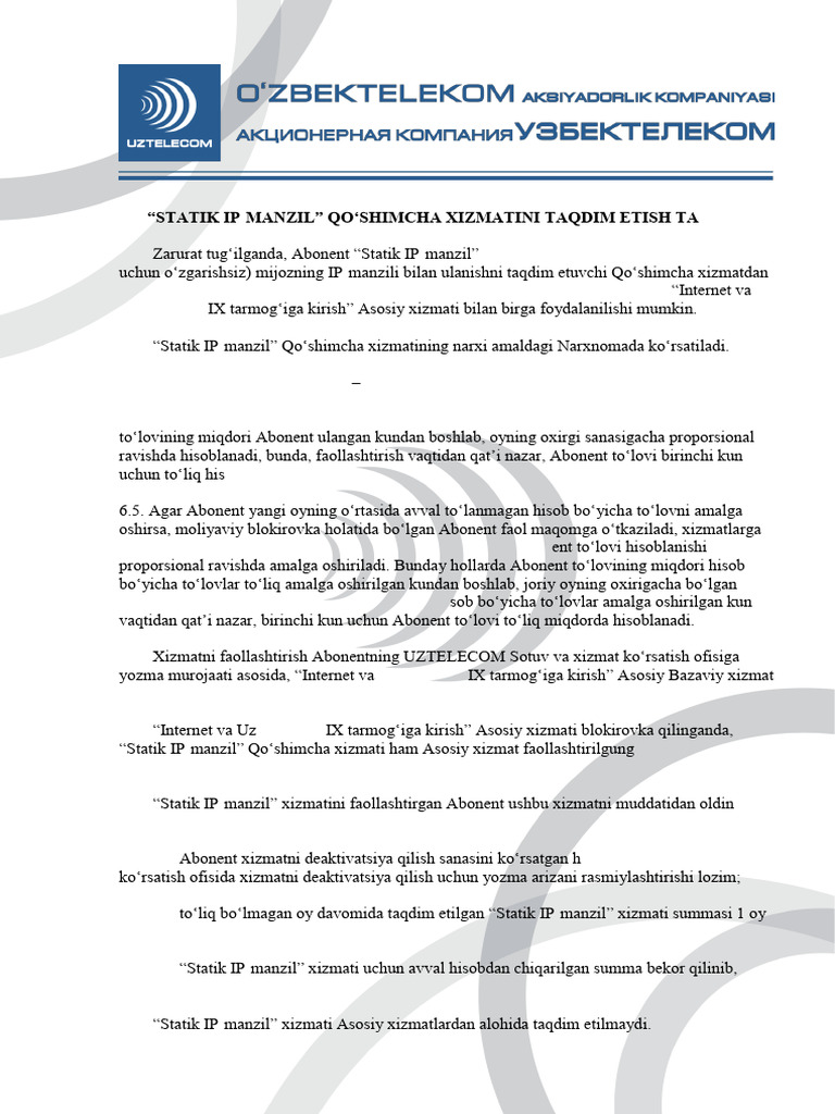 "Statik Ip-Manzil" Qo Shimcha Xizmatini Taqdim Etish Tartibi | PDF