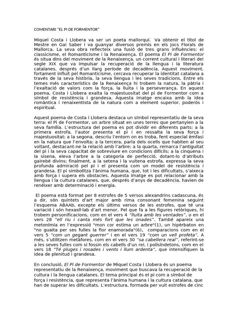 COMENTARI POEMA "PI DE FORMENTOR" | PDF