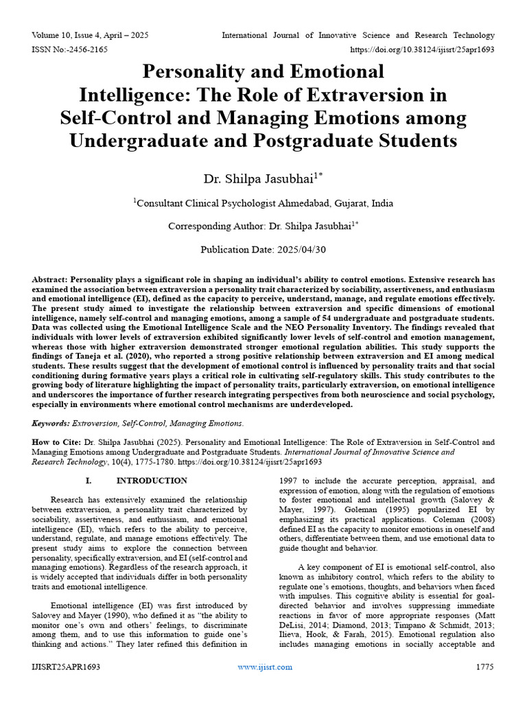 Personality and Emotional Intelligence: The Role of Extraversion in Self-Control and Managing ...