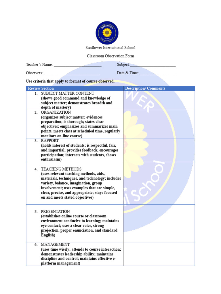 Classroom Observation Evaluation Form | PDF | Teaching Method | Classroom