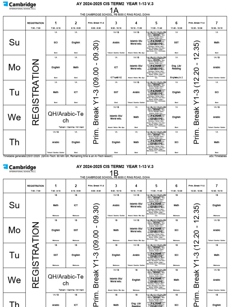Ay24-25-T-2 Timetable-Y1-13-V.3 Classes | PDF