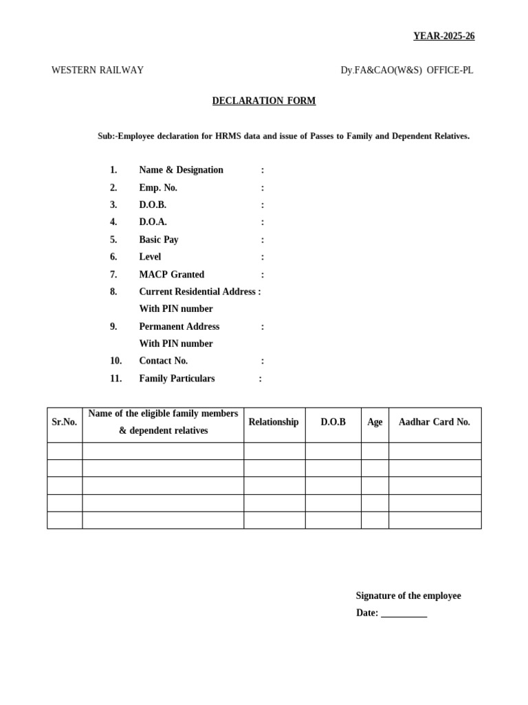 Family Declaration Form for Railway 2025 | PDF