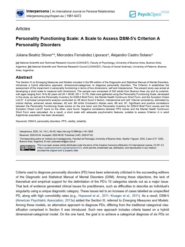 Personality Functioning Scale A Scale To Assess DS | PDF | Cronbach's ...