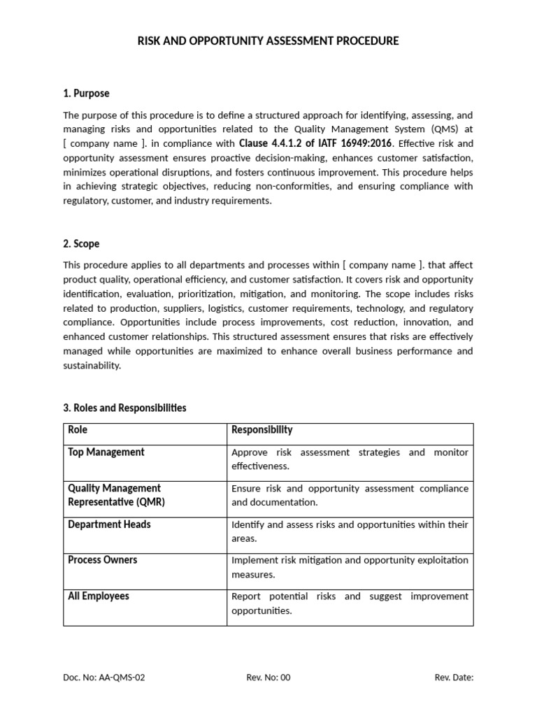 Aa-Qms-02 Procedure For Risk and Opportunity | PDF | Risk Management | Risk