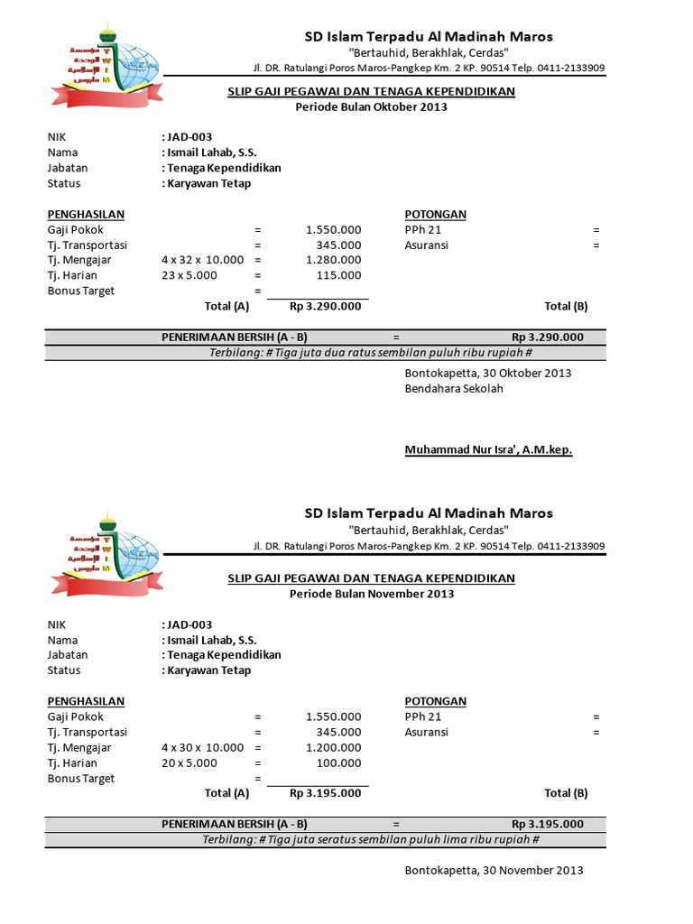 Contoh Slip Gaji Staff Pegawai | PDF