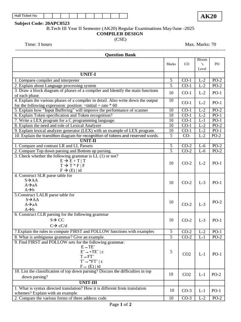 3-2 Cse CD Question Bank 11-4-2025 | PDF | Parsing | Compiler