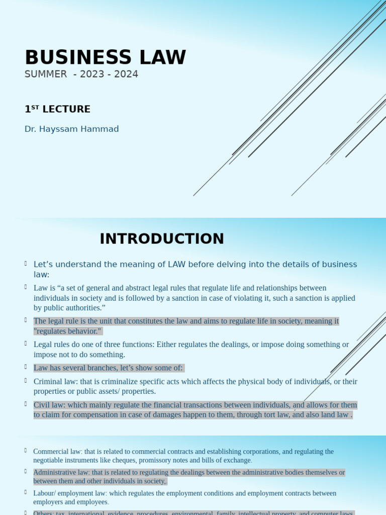 Business Law, 1st Lecture | PDF | Judgment (Law) | Board Of Directors