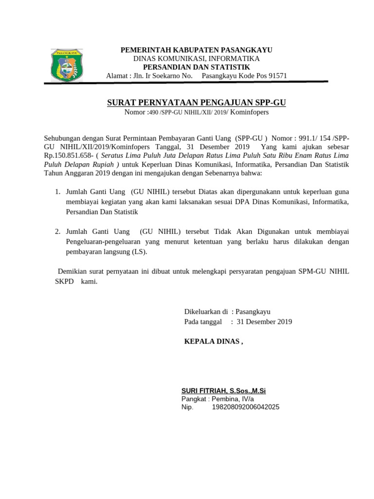 Surat Pernyataan Pengajuan SPP-UP | PDF