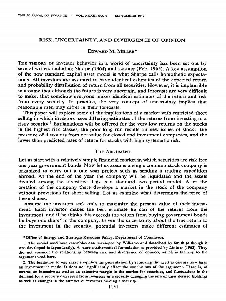 Risk, Uncertainty, and Divergence of Opinion | PDF | Short (Finance) | Option (Finance)