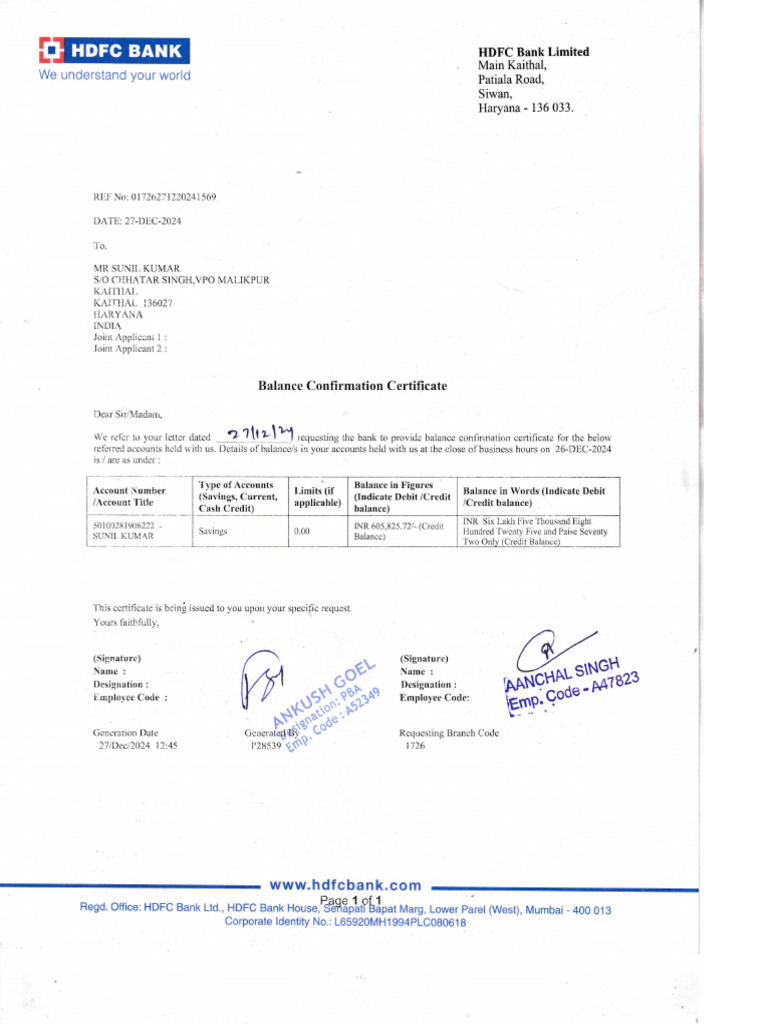 Sunil Kumar-Balance Certificate | PDF