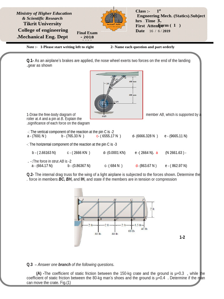 1st Year Engineering Mechanics Exam | PDF | Force | Mechanics