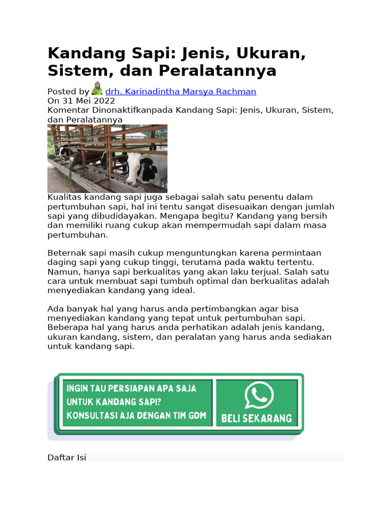 Panduan Kandang Sapi: Ukuran dan Jenis | PDF