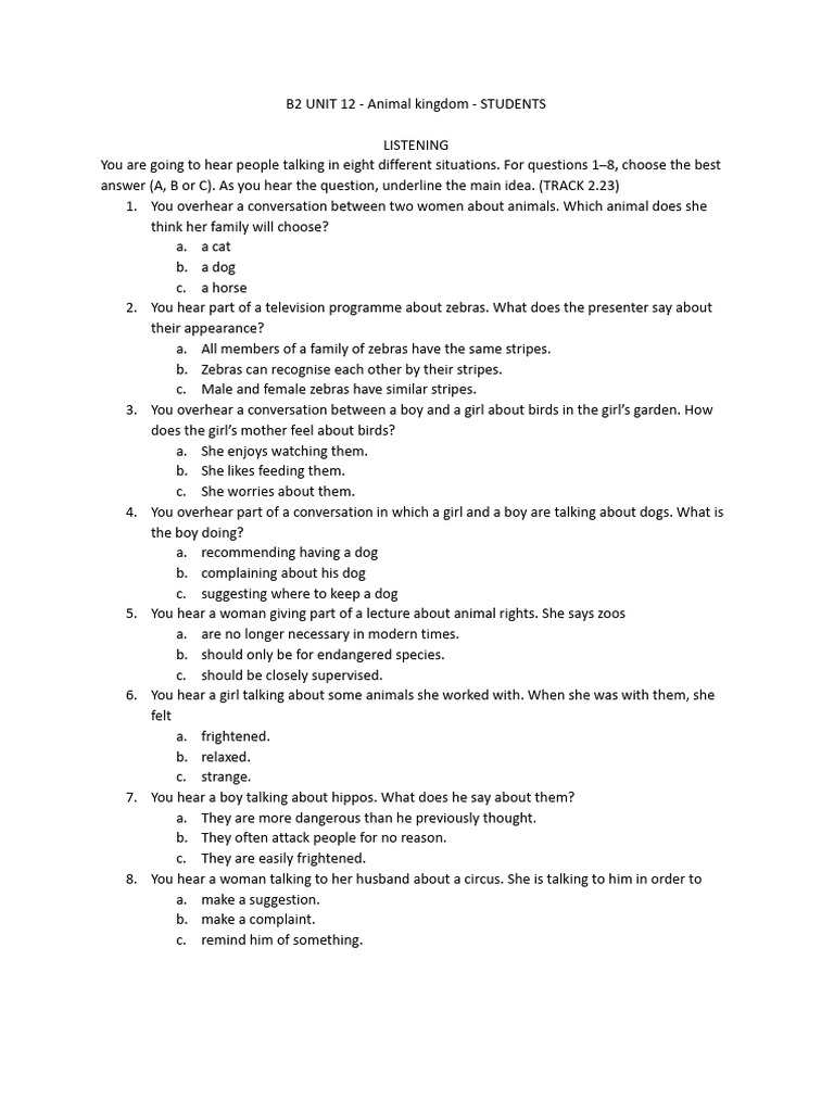B2 UNIT 12 - Animal Kingdom - STUDENTS | PDF | Zoology