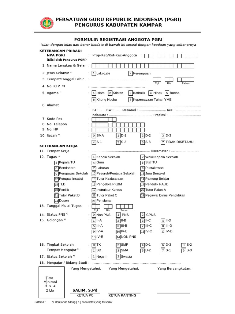 Form Pendataan Pgri Ranting | PDF
