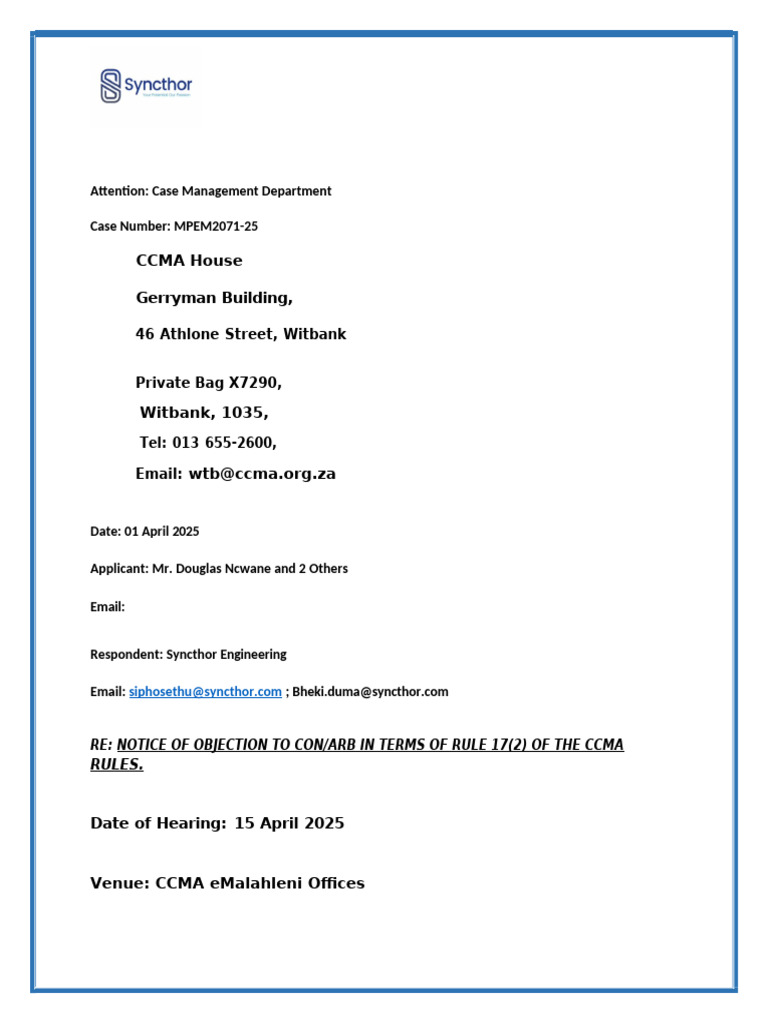 Objection To Con Arb Letter MPEM2071-25 | PDF