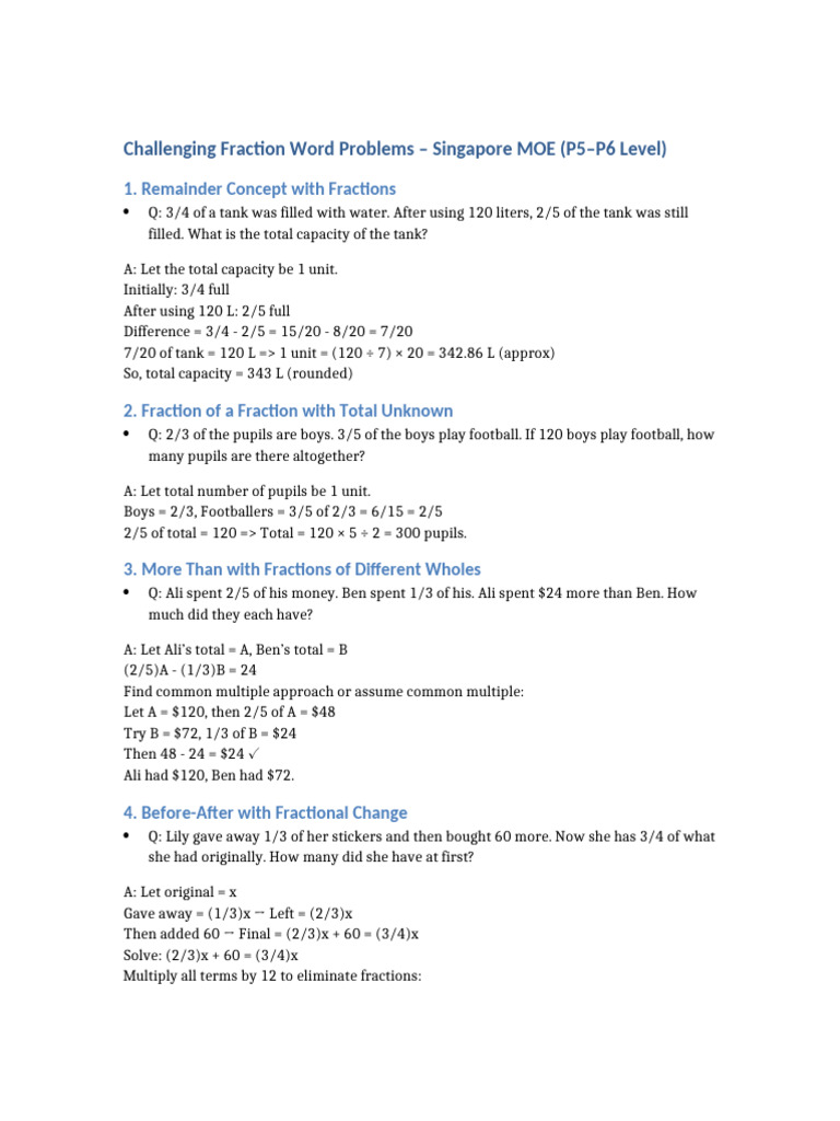 Challenging_Fraction_Word_Problems_SG_Math | PDF | Mathematics | Arithmetic