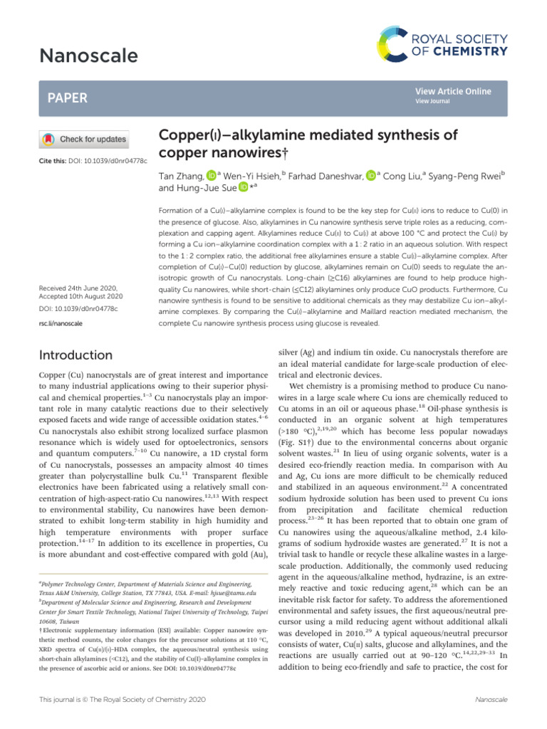 Copper (I) - Alkylamine Mediated Synthesis | PDF | Amine | Nanowire