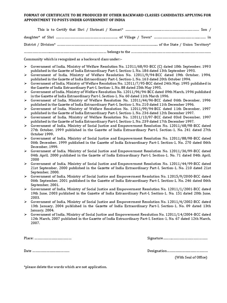 OBC Certificate Format for Government Jobs | PDF | Politics Of India ...
