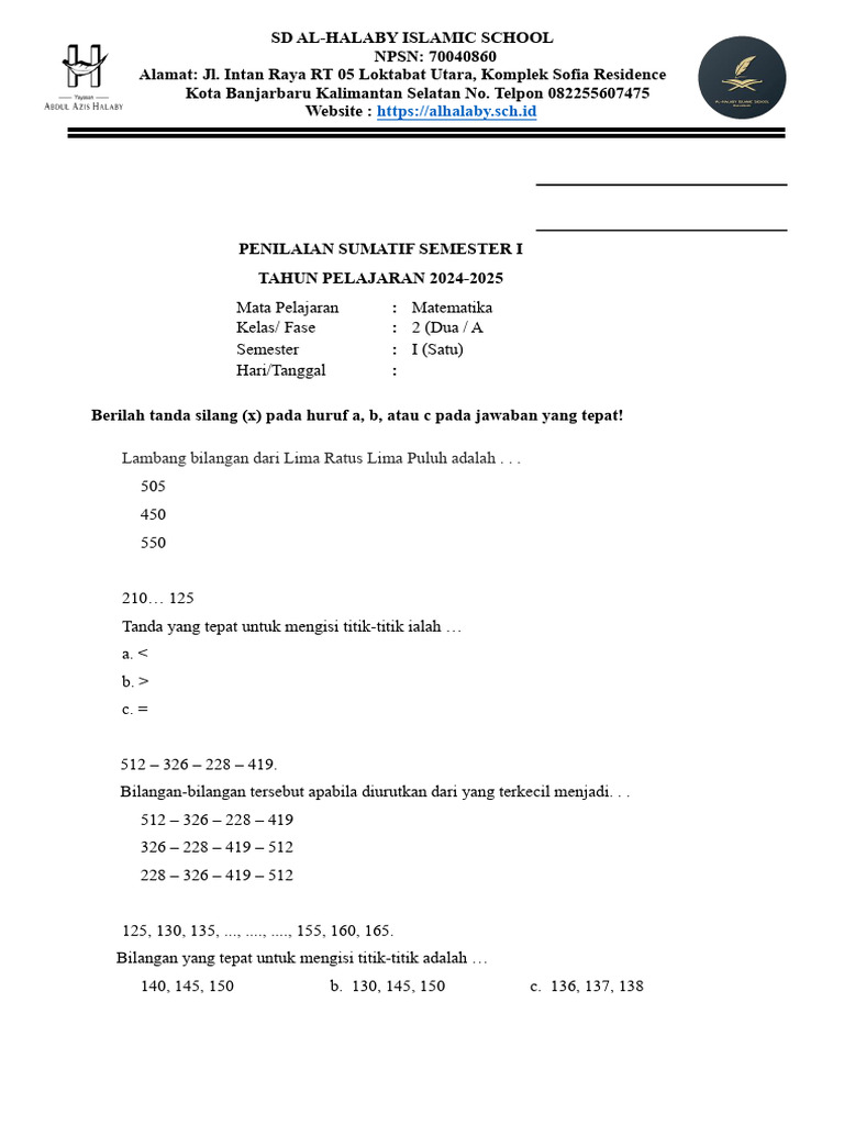 Soal Psas Matematika Al Muhaimin Sem1 2024-2025 Fix ! | PDF