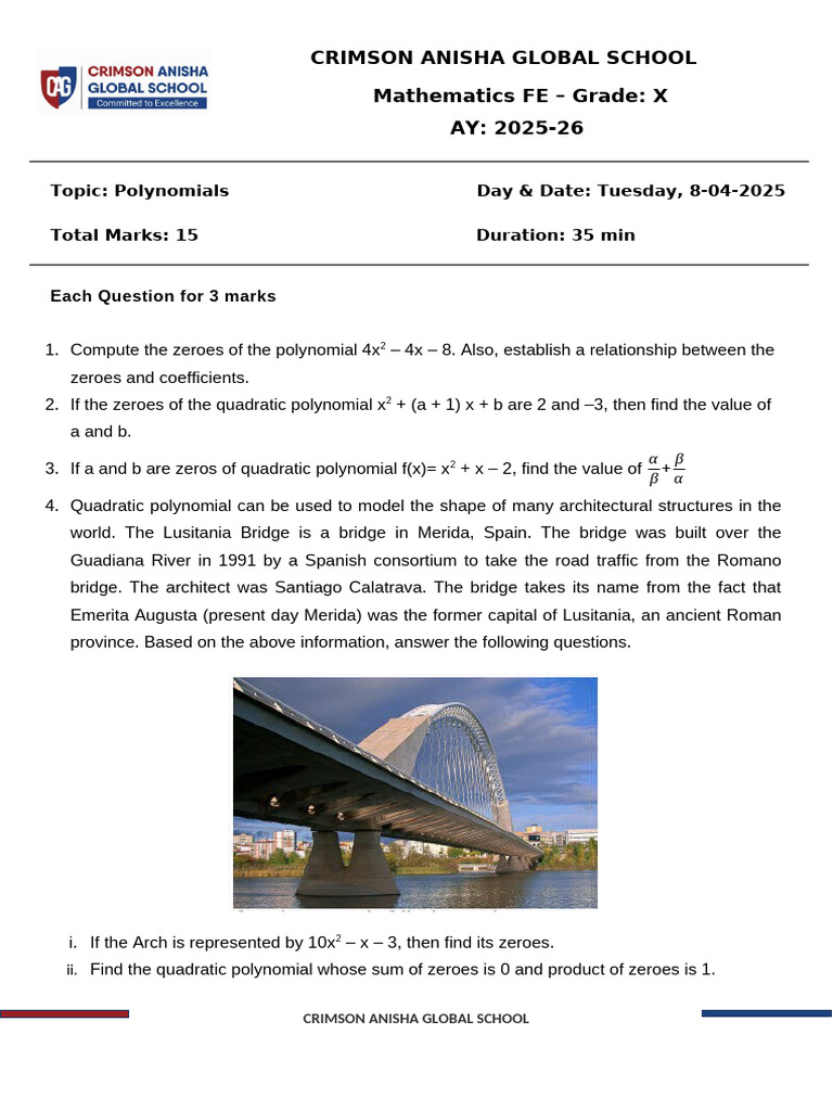 CH-2 Polynomials Class Test | PDF