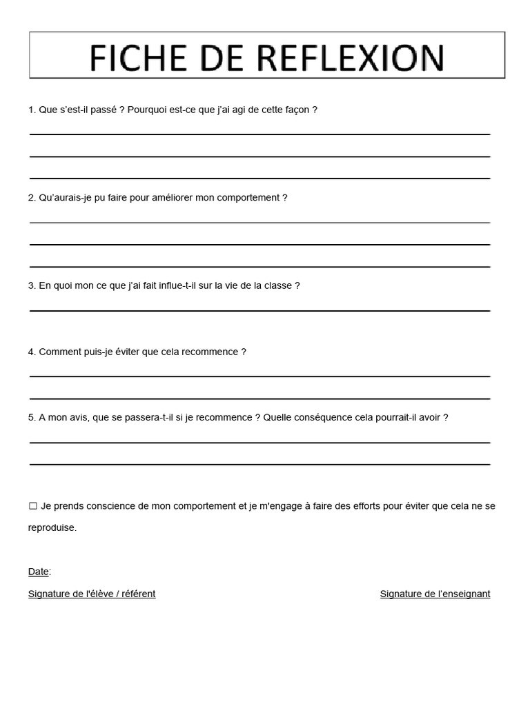 Fiche de Réflexion Comportement Élève | PDF