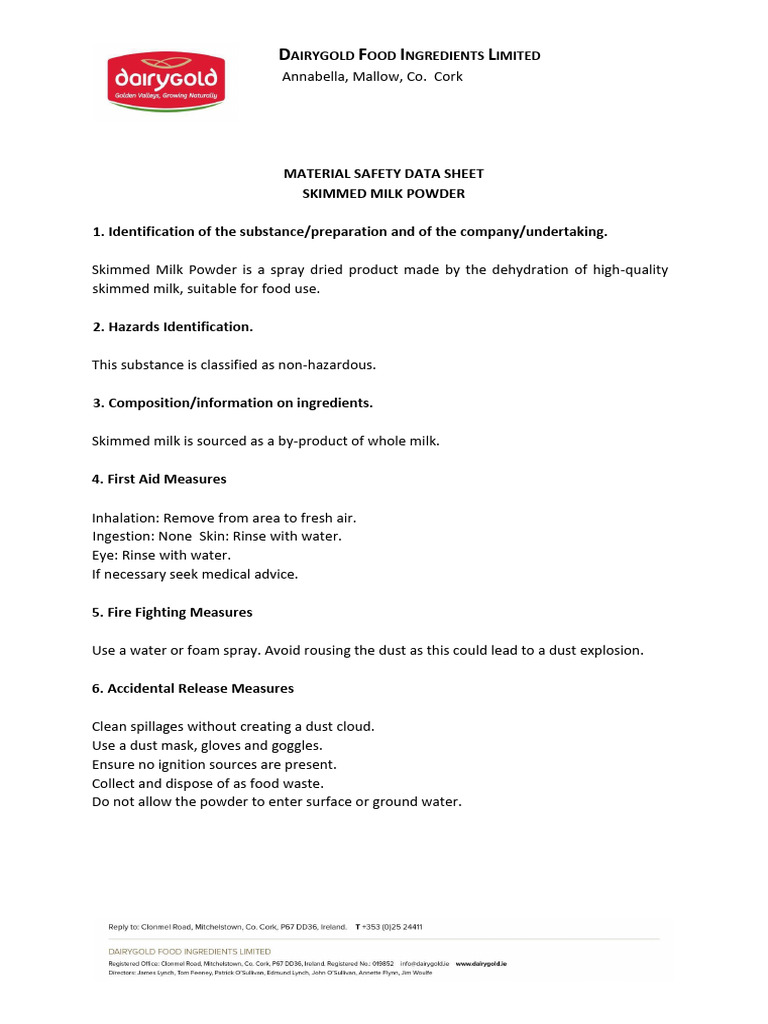 Skimmed Milk Powder Safety Data Sheet | PDF | Waste | Dust