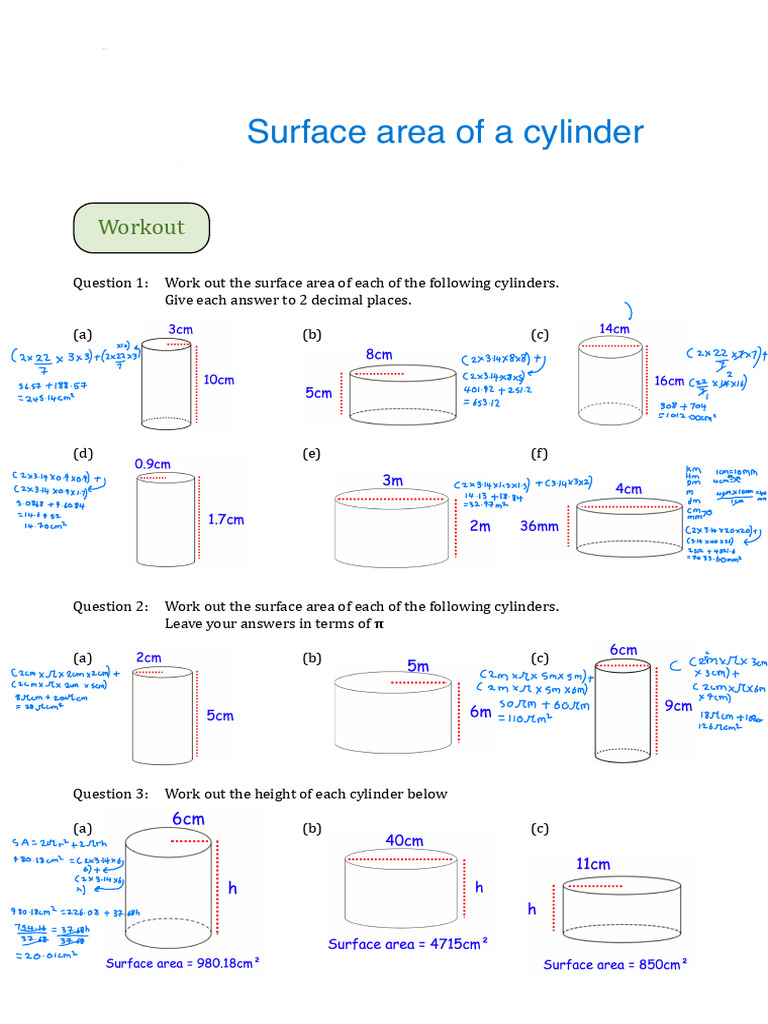 Cylinder Surface Area Worksheet | PDF | Area | Surface Area
